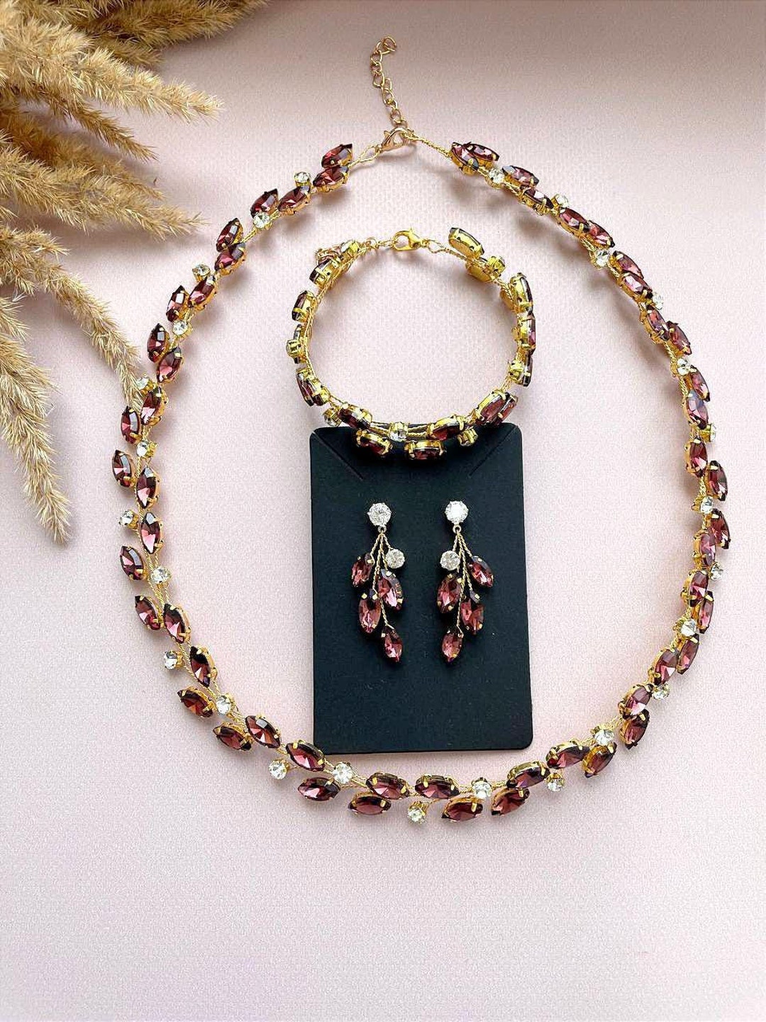 Burgundy Bridal Jewelry Set | Wedding Necklace Earrings Bracelet | Red ...