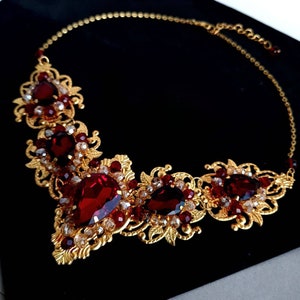 Red and Gold Jewelry Set Red Necklace Red Earrings and Bracelet Red and ...