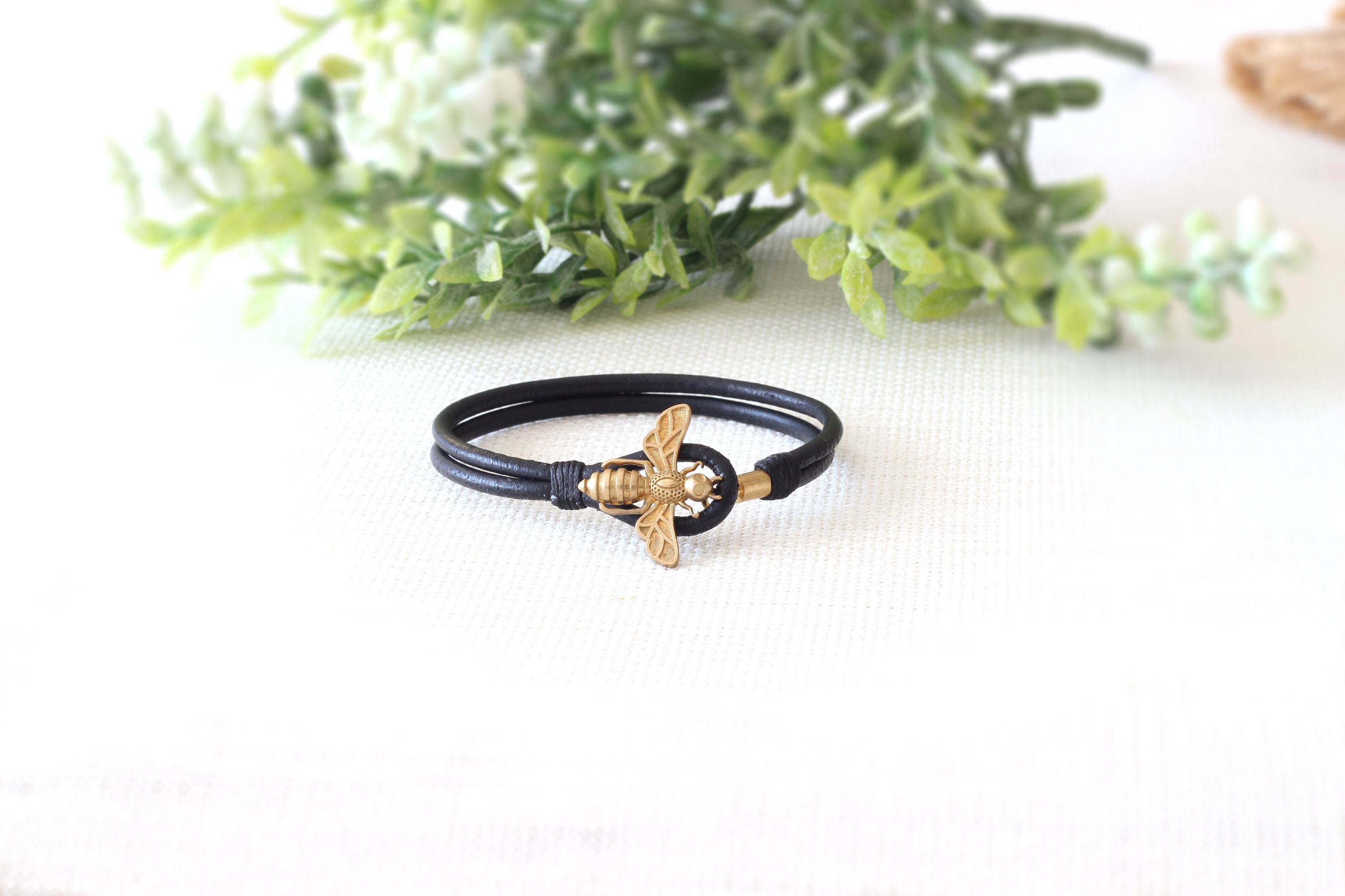 Black Leather Bee Bracelet Bumble Bee Leather Bracelet for | Etsy