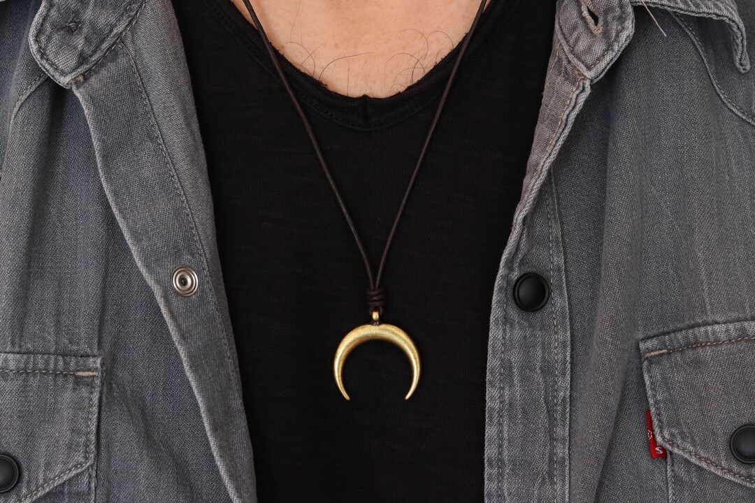 Mens Crescent Moon Necklace, Double Horn Necklace for Him, Mens Leather ...
