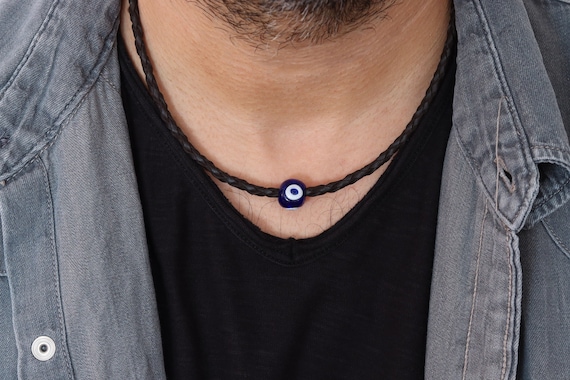 Mens Evil Eye Necklace Braided Leather Necklace Protection Necklace Turkish Greek Evil Eye Surfer Necklace Gift for Son Christmas Gift
