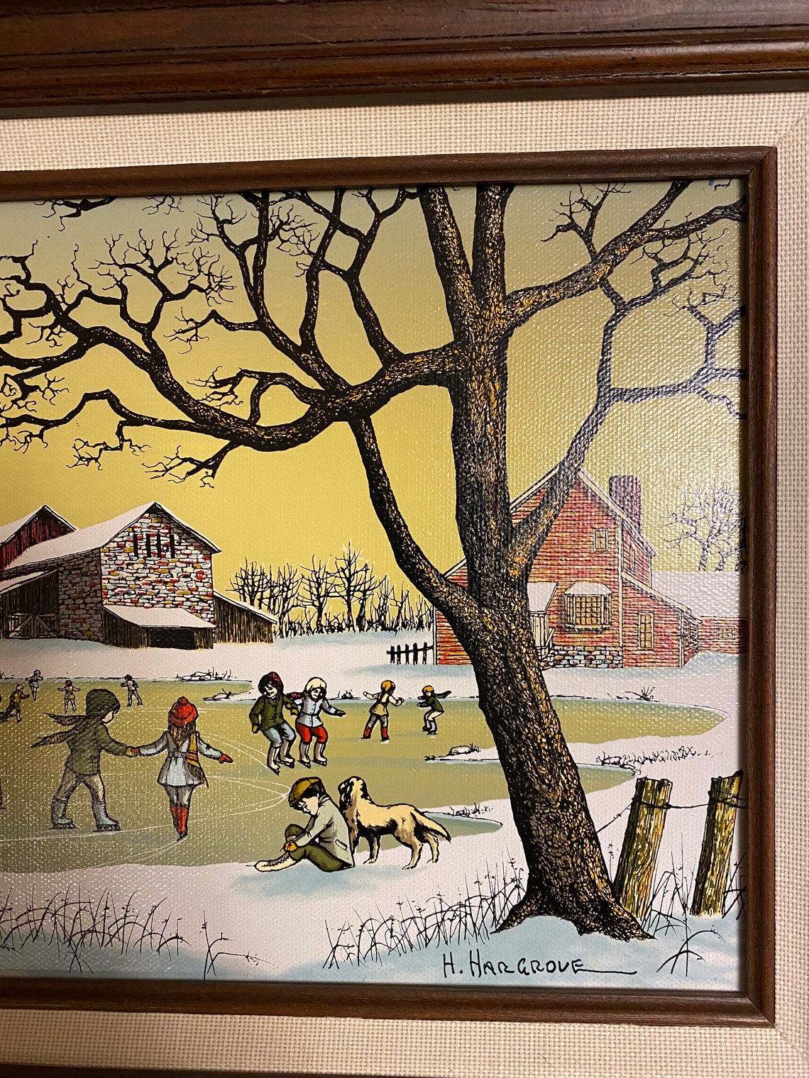 H. Hargrove Framed Oil Painting on Canvas of Children Ice - Etsy