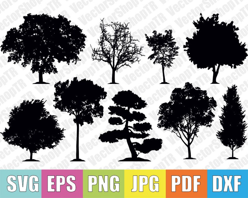 Trees 9pcs Silhouettes Svg,eps,png,jpg, Dxf, Pdf, Clipart - Etsy