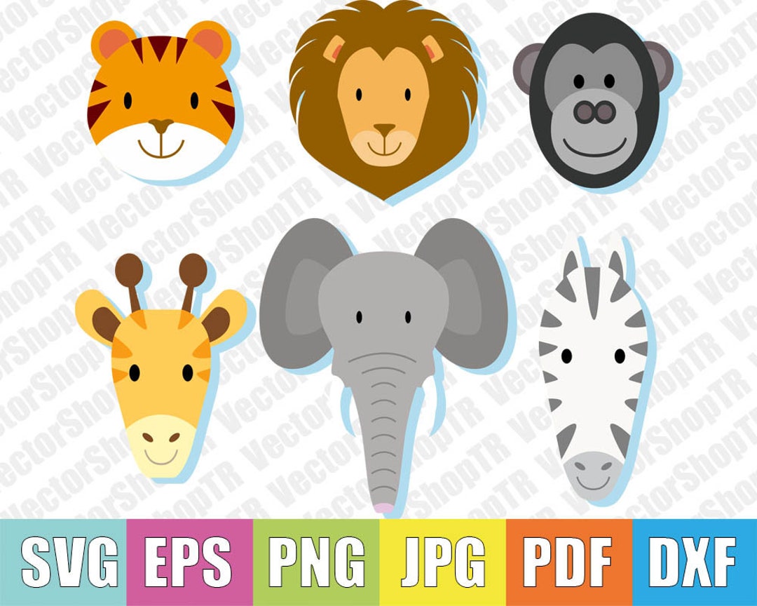 Animal Heads , Tiger, Elephant, Zebra, Monkey, Giraffe 6pcs Svg, Png ...