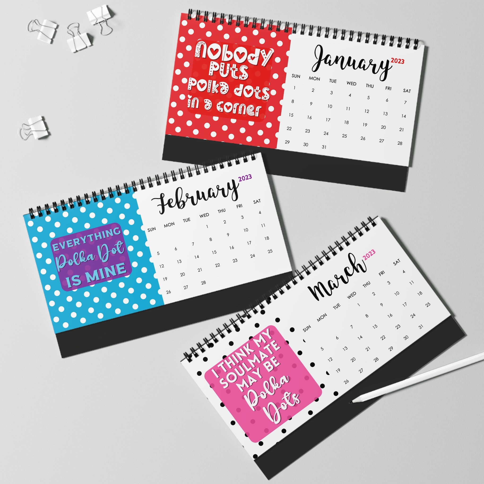 2023 Calendar, 2024 Calendar, Polka Dot Gift, Polka Dot Calendar, Desk ...