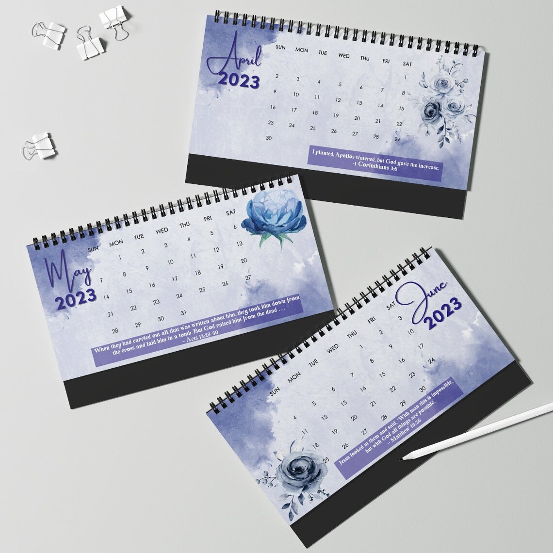 2023 Calendar, Blue Floral Christian Bible Verses Calendar, Scripture ...