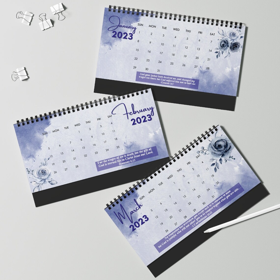 2023 Calendar, Blue Floral Christian Bible Verses Calendar, Scripture ...