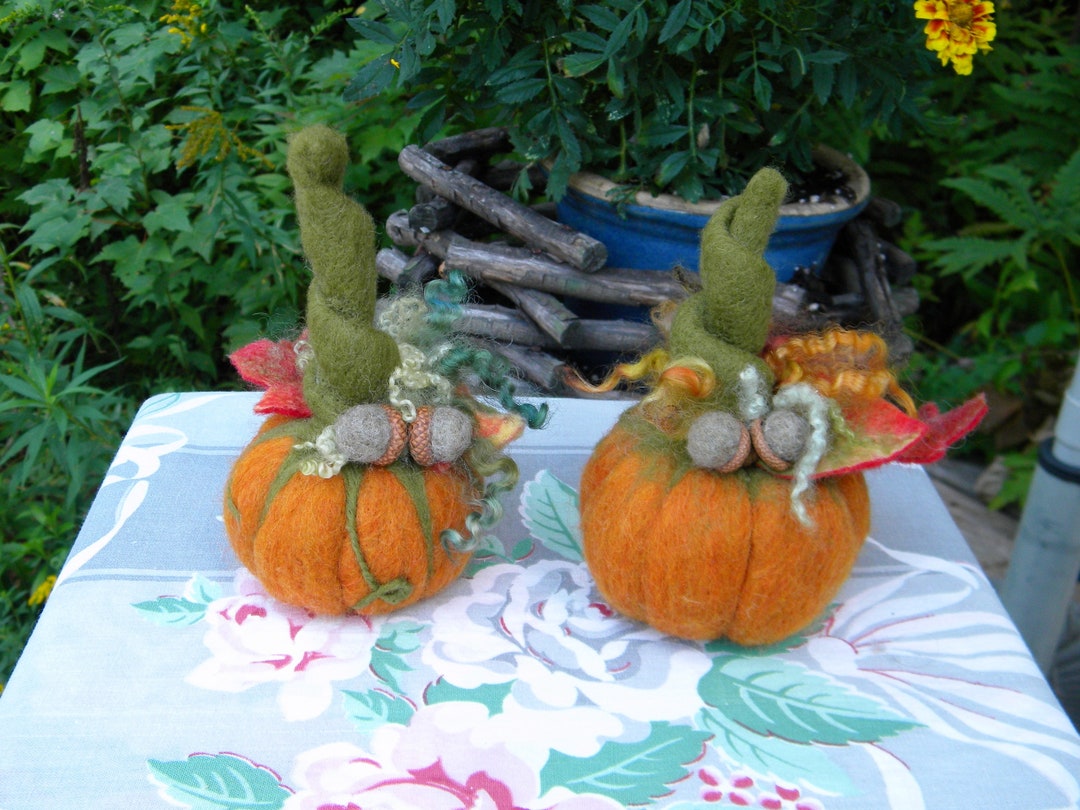 Needle Felted Pumpkins-wool Pumpkin-wet Felted-leaves Acorns Curly ...