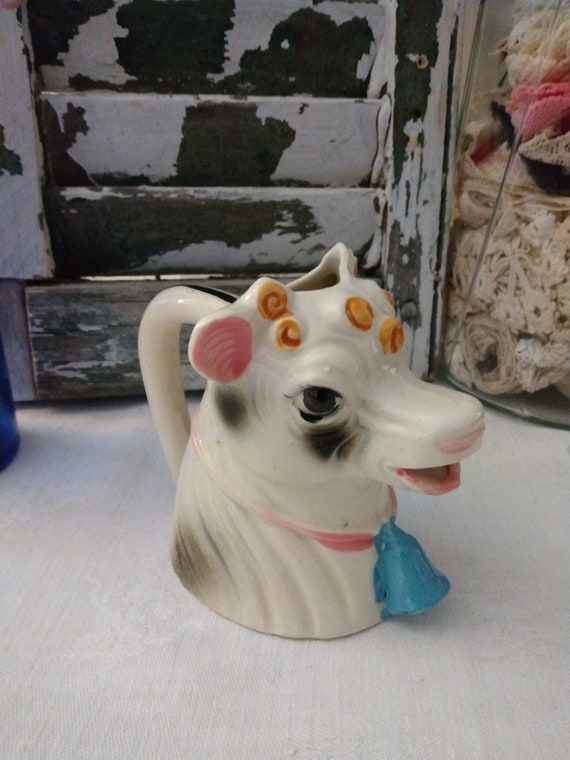 Vintage Ceramic Cow Head Creamer With Blue Bell Japan - Etsy