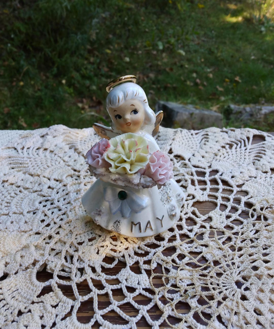 Vintage Lefton Birthday Angel Figurine May Carnation Emerald Japan 489 ...