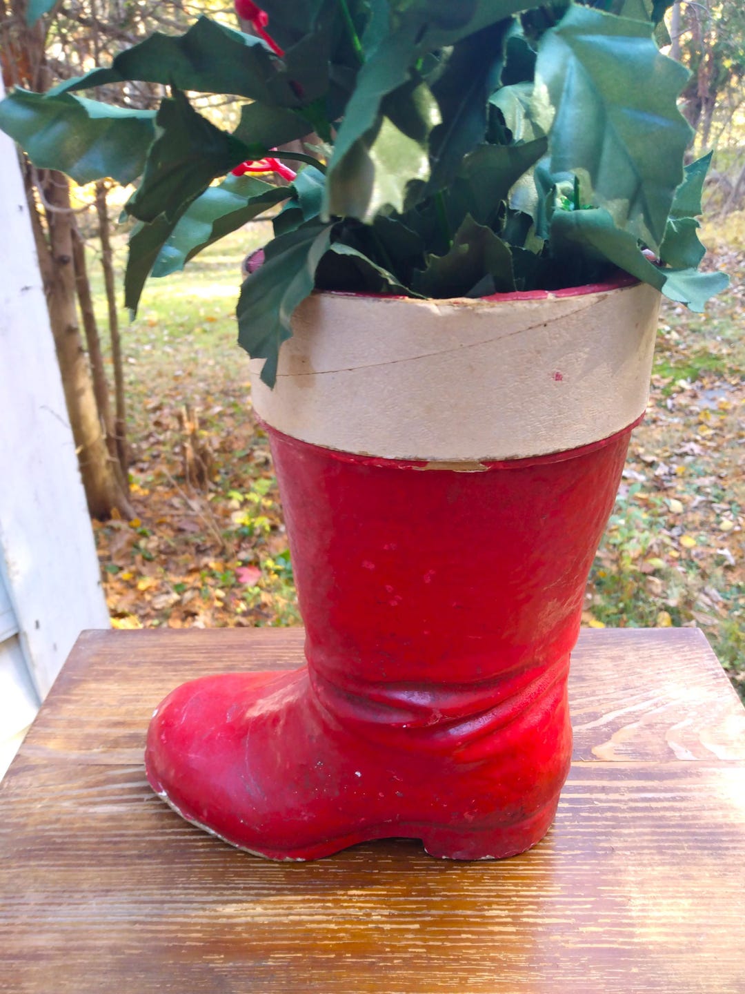 Large Vintage Red Paper Mache Santa Boot With Sprigs of Holly - Etsy