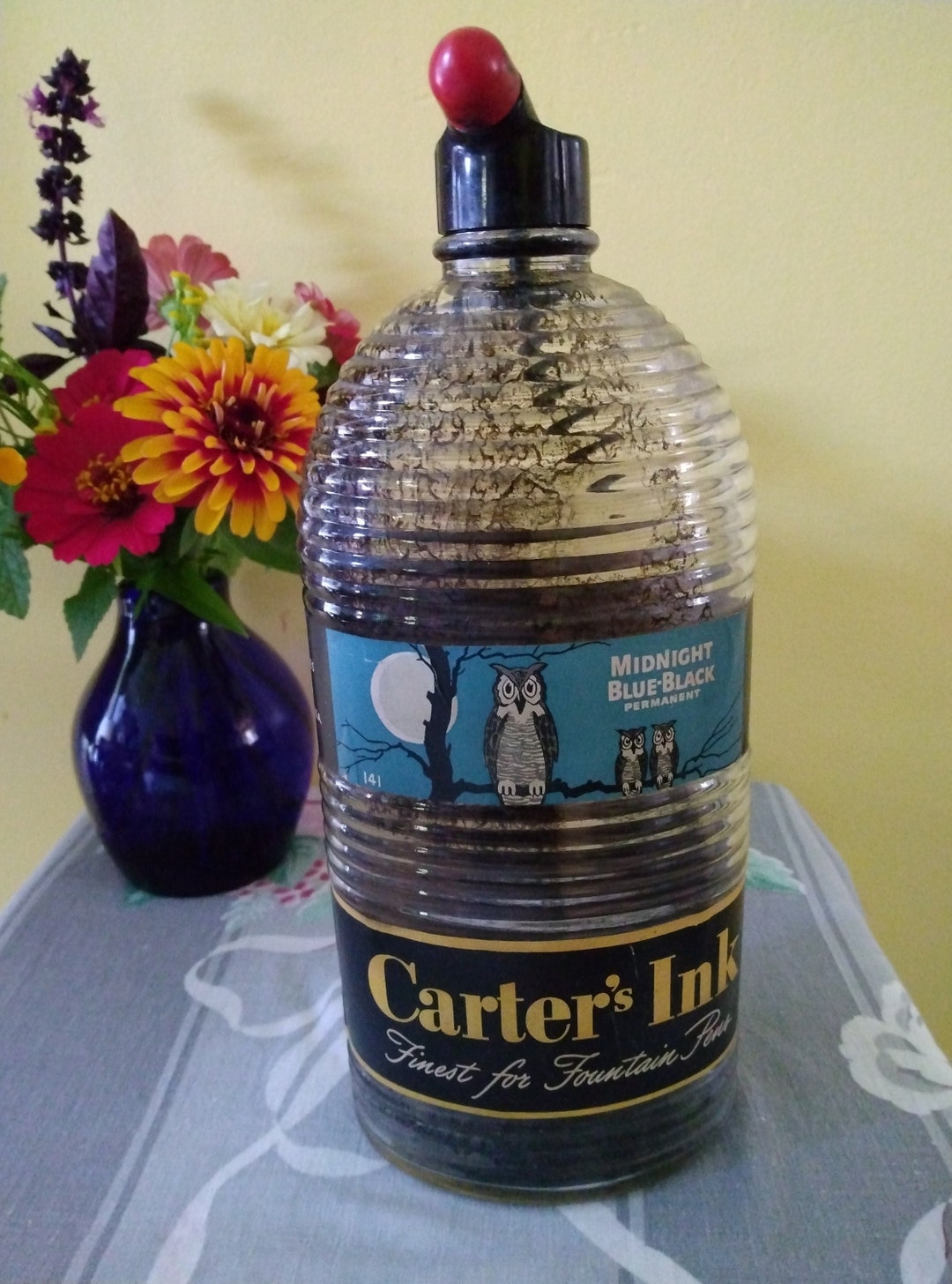 Vintage Carter's Ink Beehive Glass Bottle Spooky Owl Label 32 Oz Glass ...