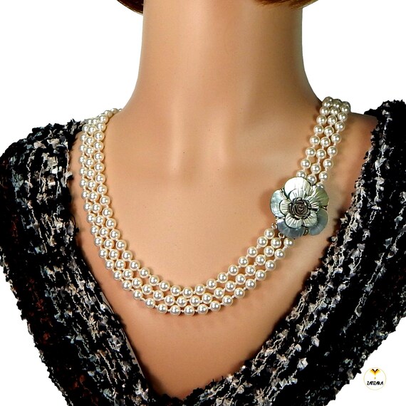 3 Strand Pearl Necklace Multilayer Three Row Genuine Swarovski - Etsy