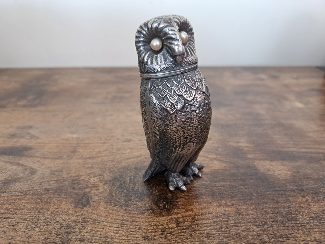 Antique Pewter Owl Pounce Pot Owl Powder Pot Pearl Eyes - Etsy