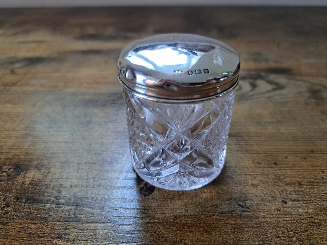 Antique Hallmarked Silver Lidded Crystal Pot, Solid Silver Pot, Vanity ...