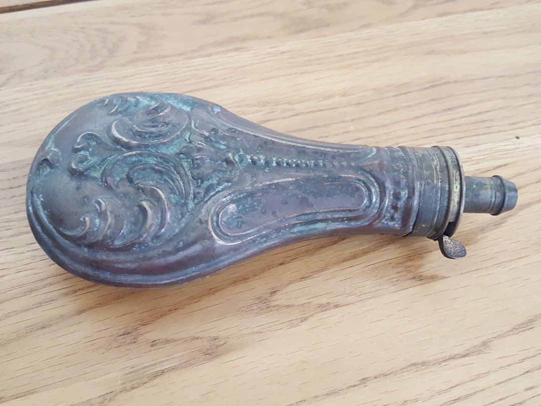 Antique Brass Powder Flask, Black Powder Flask, Victorian Gunpowder ...