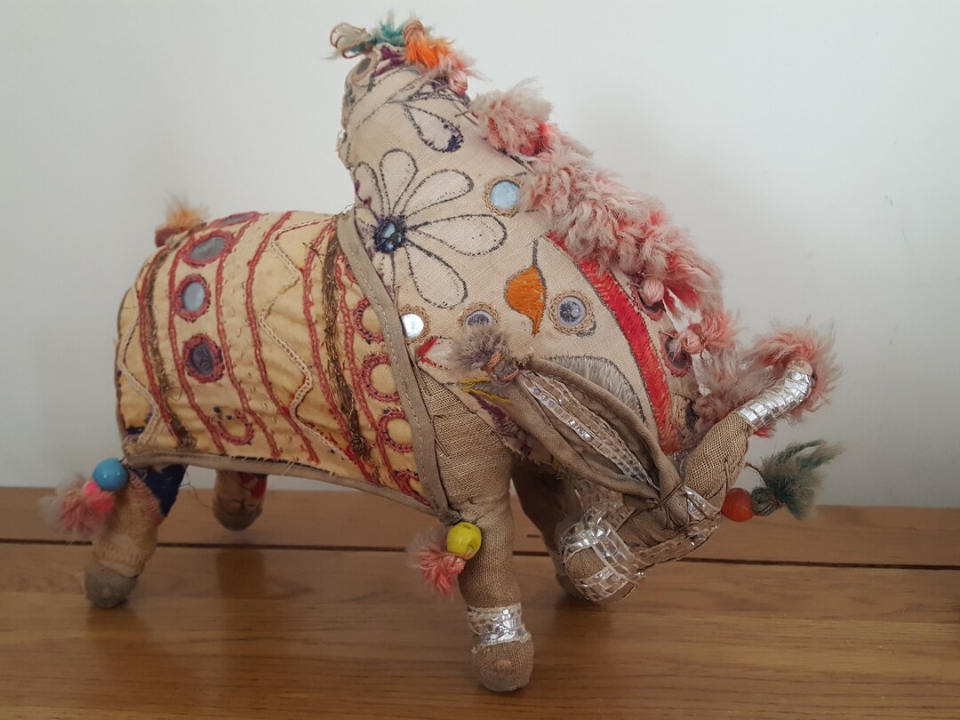Vintage Indian Bull Stuffed Toy, Colourful Plush Bull, Hand Made Bull ...