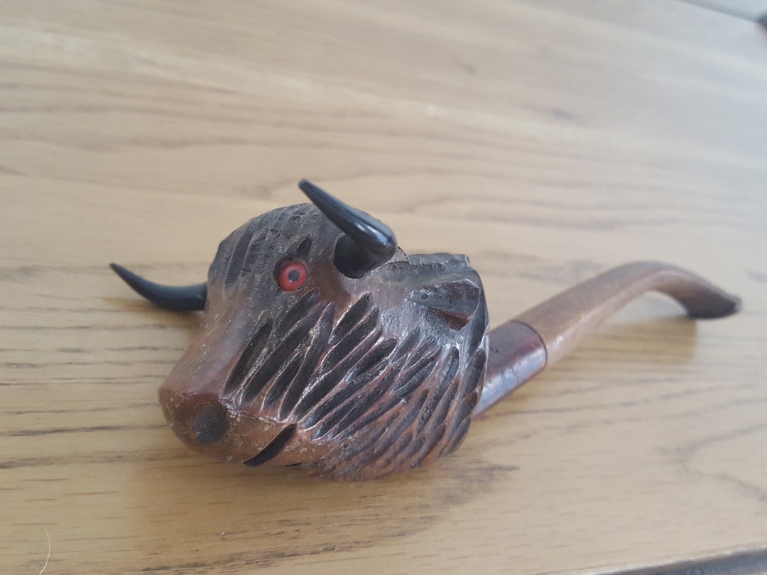 Vintage Bulls Head Smoking Pipe, RAOB Buffalo Tobacco Pipe, Carved Bull ...