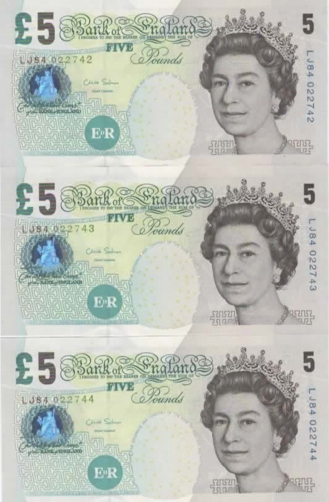 3x Five Pound Banknotes, Salmon, UNC and Consecutive, LJ84 022742/4 ...
