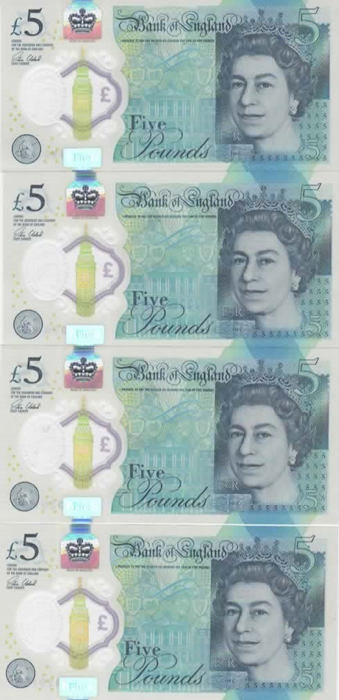 4 X Five Pound Banknotes, Cleland, UNC and Consecutive, AA13320125/8 ...