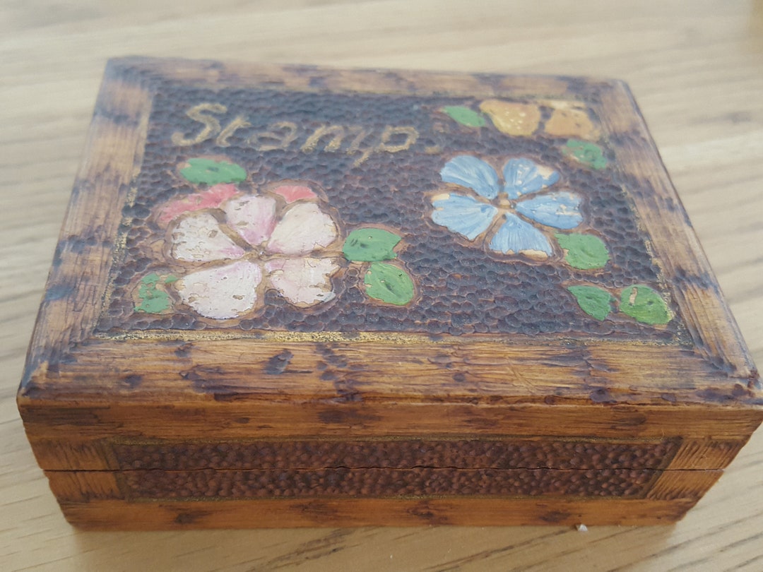Antique Stamp Holder, Wooden Pokerwork Lidded Box for Stamps, Desk ...