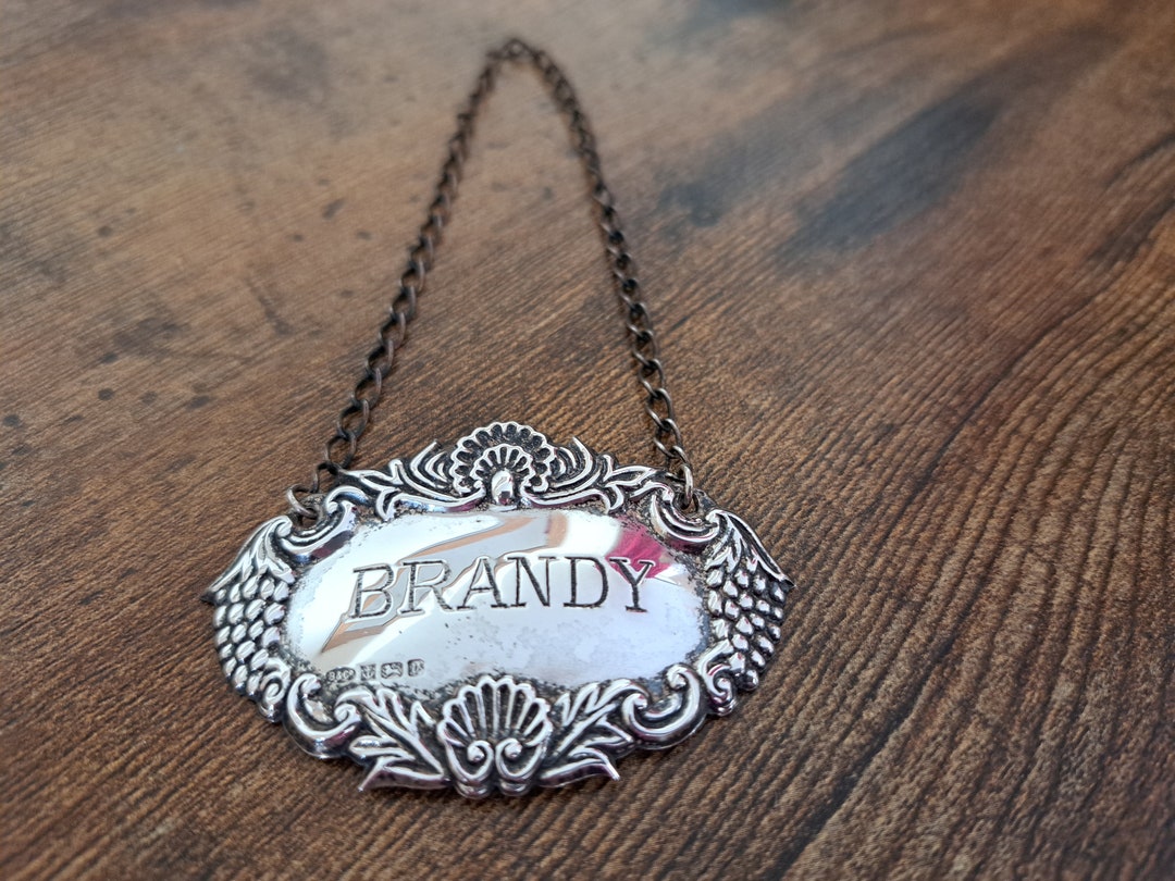 Vintage Silver Bottle Label, Brandy Label, W I Broadway and Co, 1995, Solid Silver Decanter ...