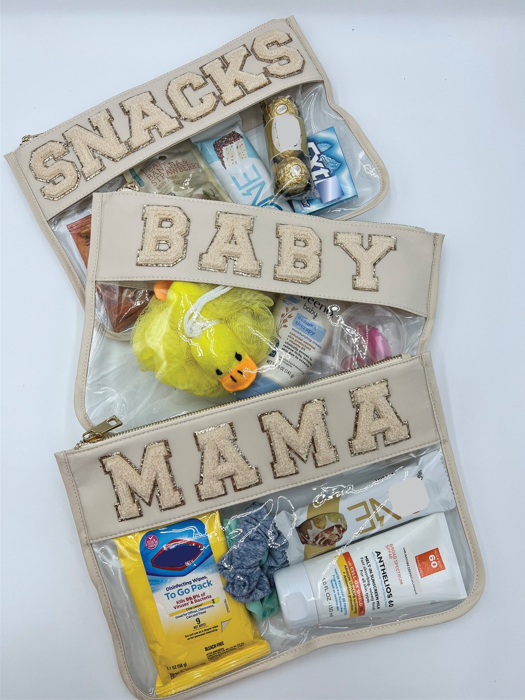 Baby and Mama Clear Pouch With Patches, Baby Shower Gift, Hospital Bag ...