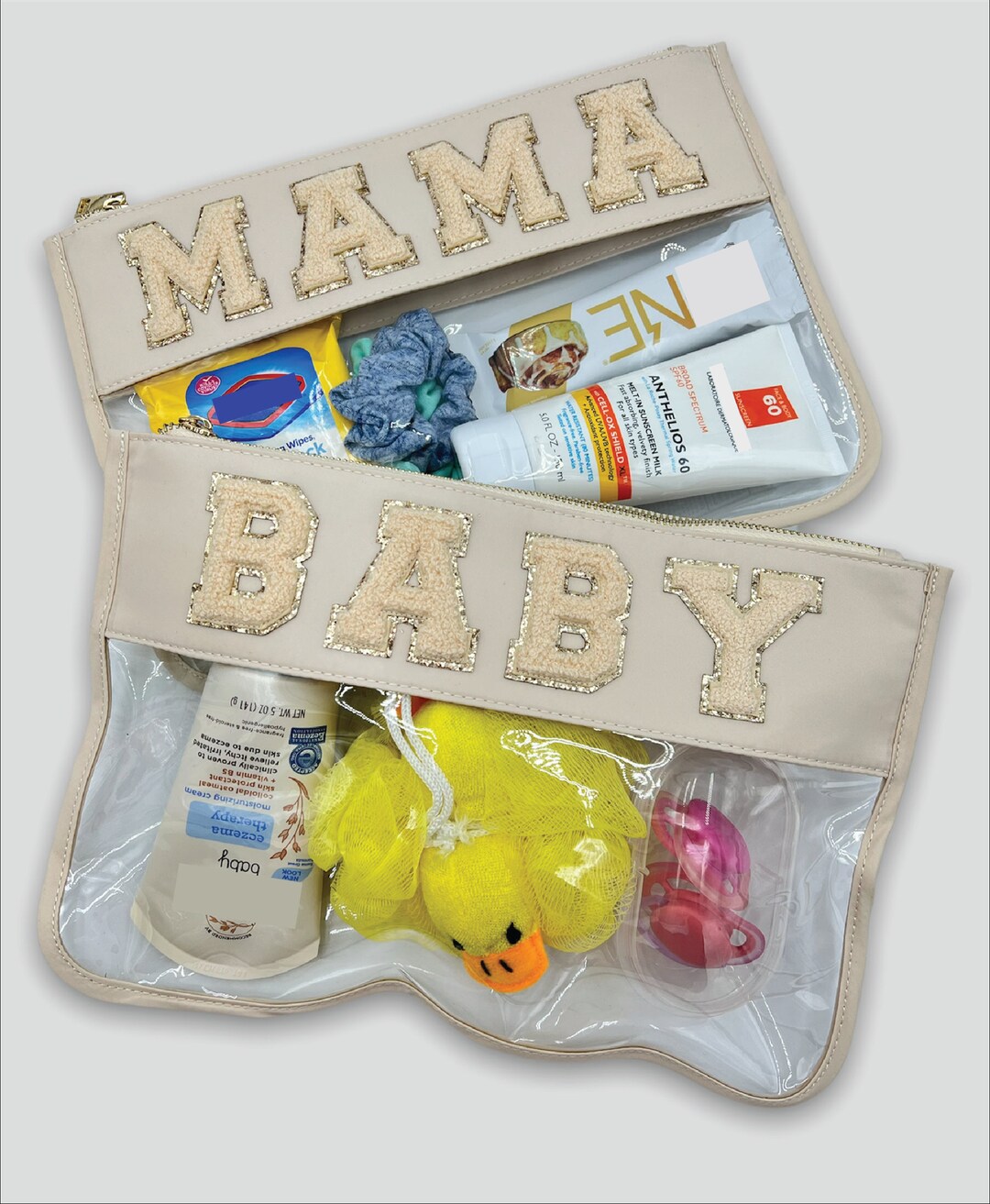 Baby and Mama Clear Pouch With Patches, Baby Shower Gift, Hospital Bag ...