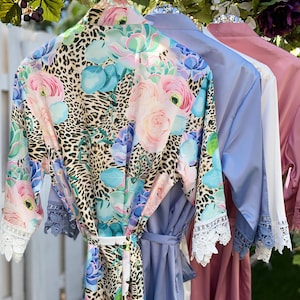 Tropical Leaf Print Robes, Bridal Party Robes, Silk Robes, Flamingo ...