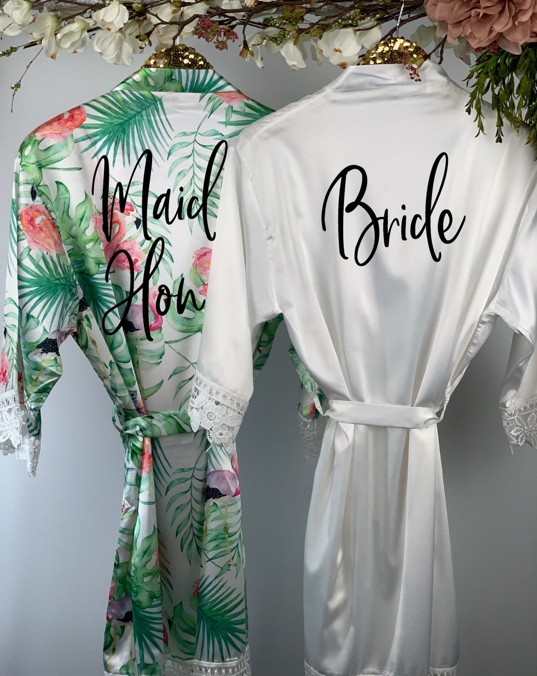 Tropical Leaf Print Robes, Bridal Party Robes, Silk Robes, Flamingo ...