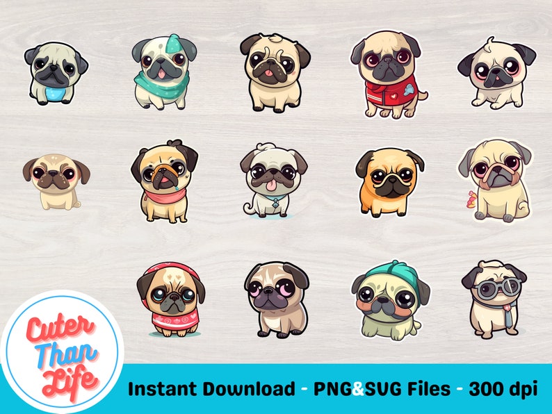 15 Cute Pugs - Commercial Use | Kawaii Pug SVG Bundle | Kawaii Pug PNG ...