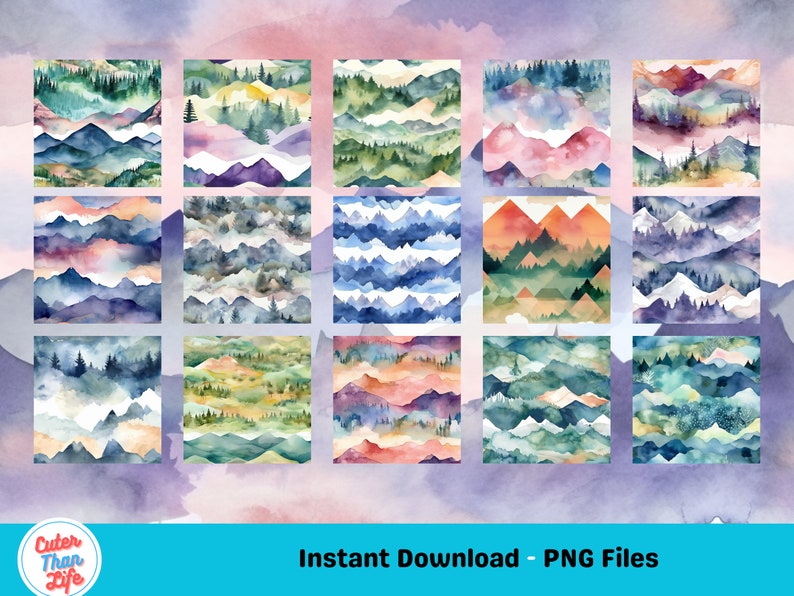 X40 Watercolor Mountain Backgrounds, Digital Papers, Landscape Seamless ...