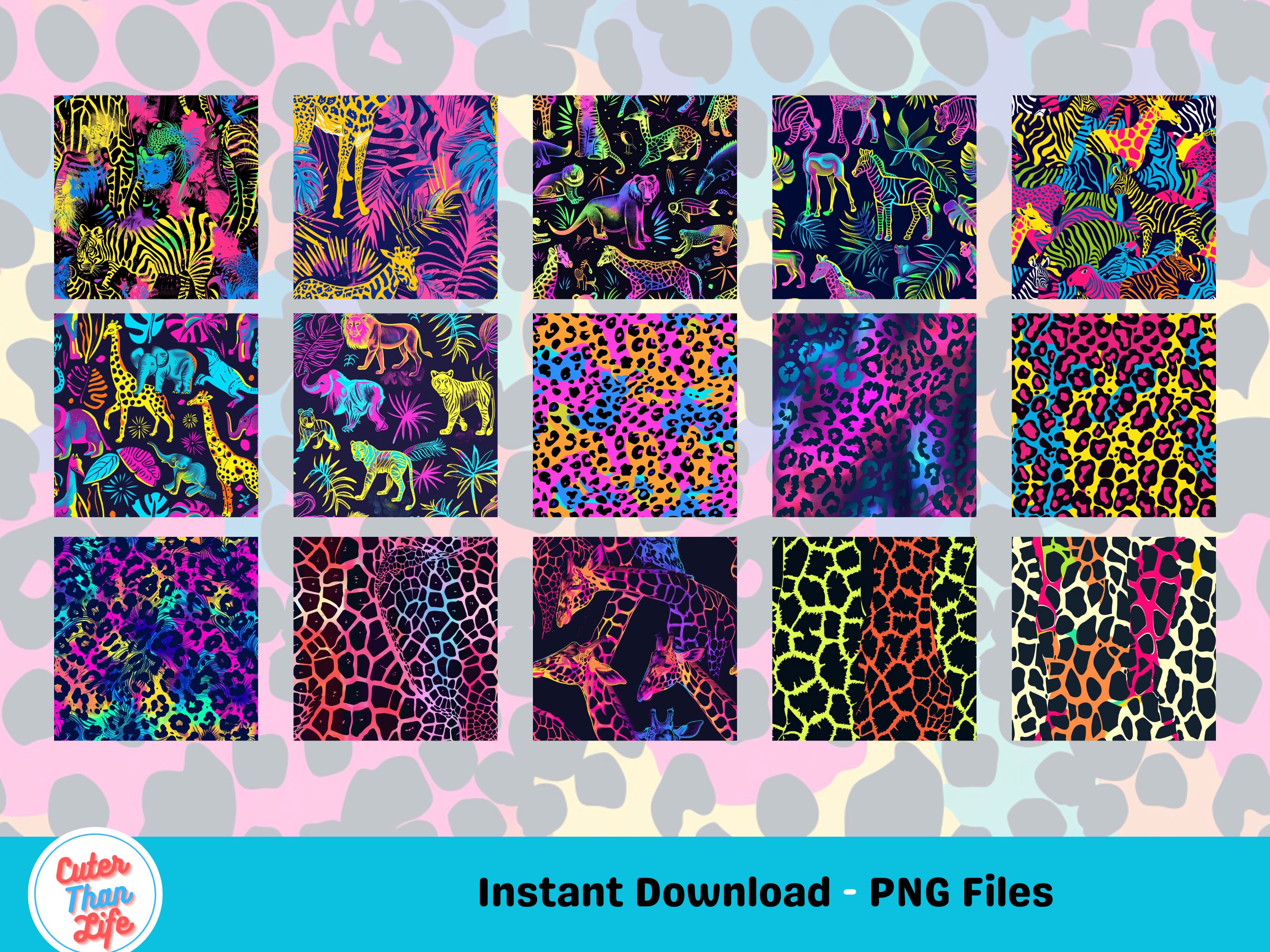 X30 Neon Safari Digital Paper | Seamless Animal Skin Patterns, Tiger ...