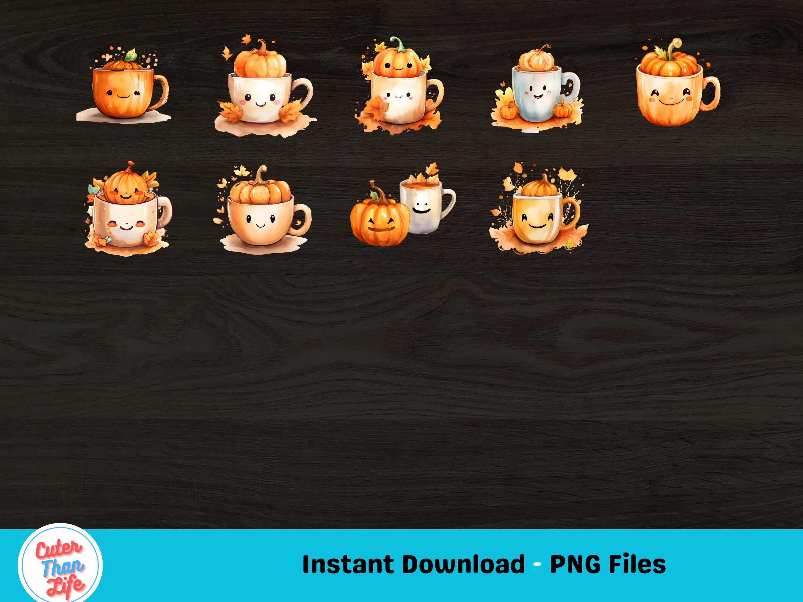 X24 Pumpkin Spice Mug Clipart PNG Pack, Kawaii Mugs, Cute Mugs, Pumpkin ...