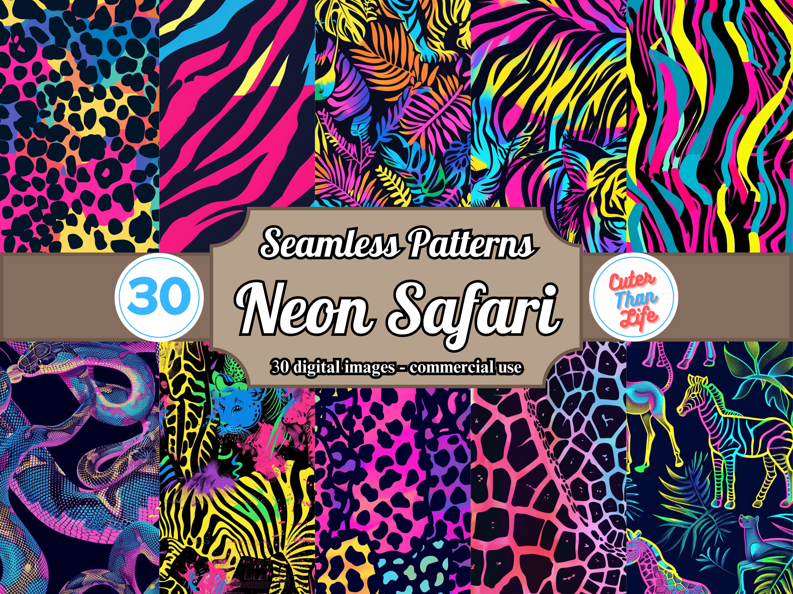 X30 Neon Safari Digital Paper | Seamless Animal Skin Patterns, Tiger ...