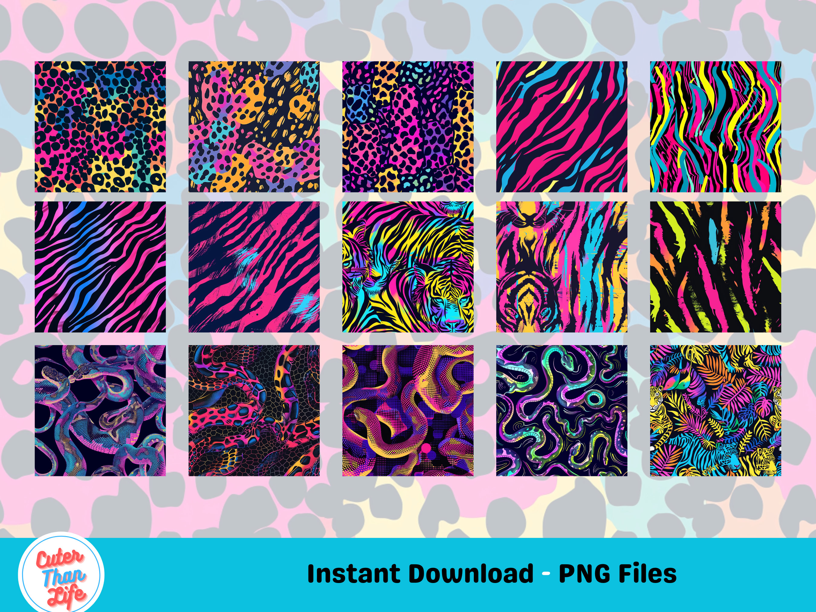 X30 Neon Safari Digital Paper | Seamless Animal Skin Patterns, Tiger ...