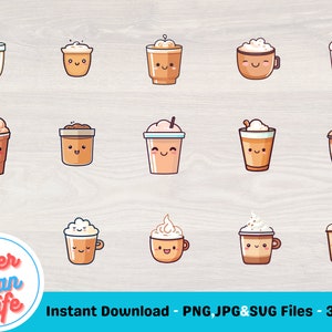 X24 Coffee Clipart, Commercial License, Kawaii Coffee Clipart, Cute ...
