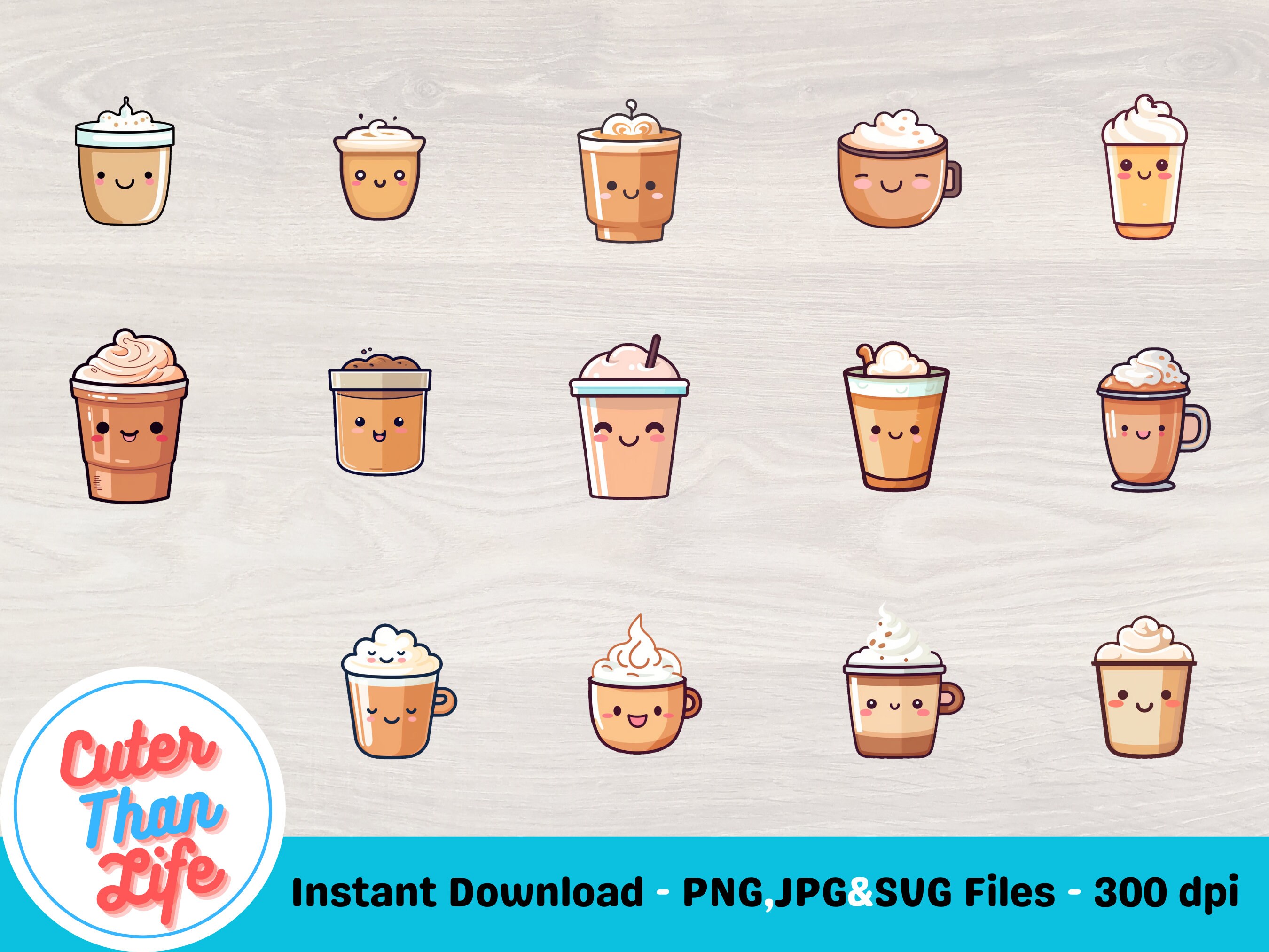 X24 Coffee Clipart, Commercial License, Kawaii Coffee Clipart, Cute ...