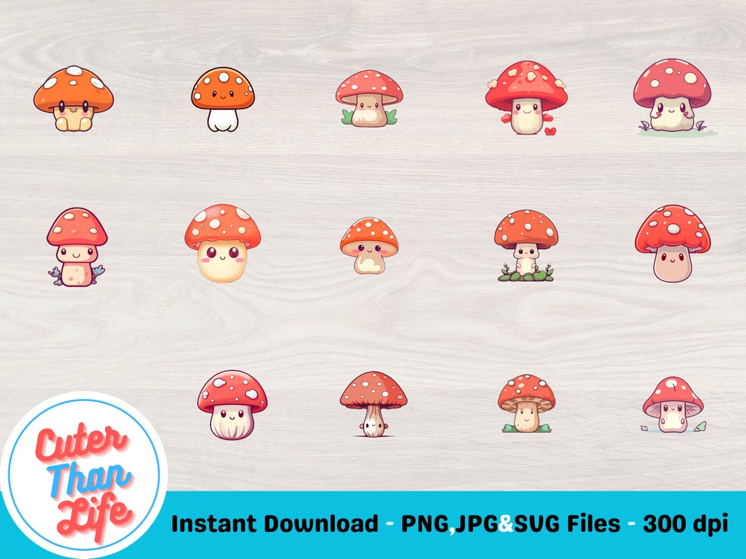 X22 Mushroom Clipart, Commercial License, Kawaii Mushroom Clipart, Cute ...