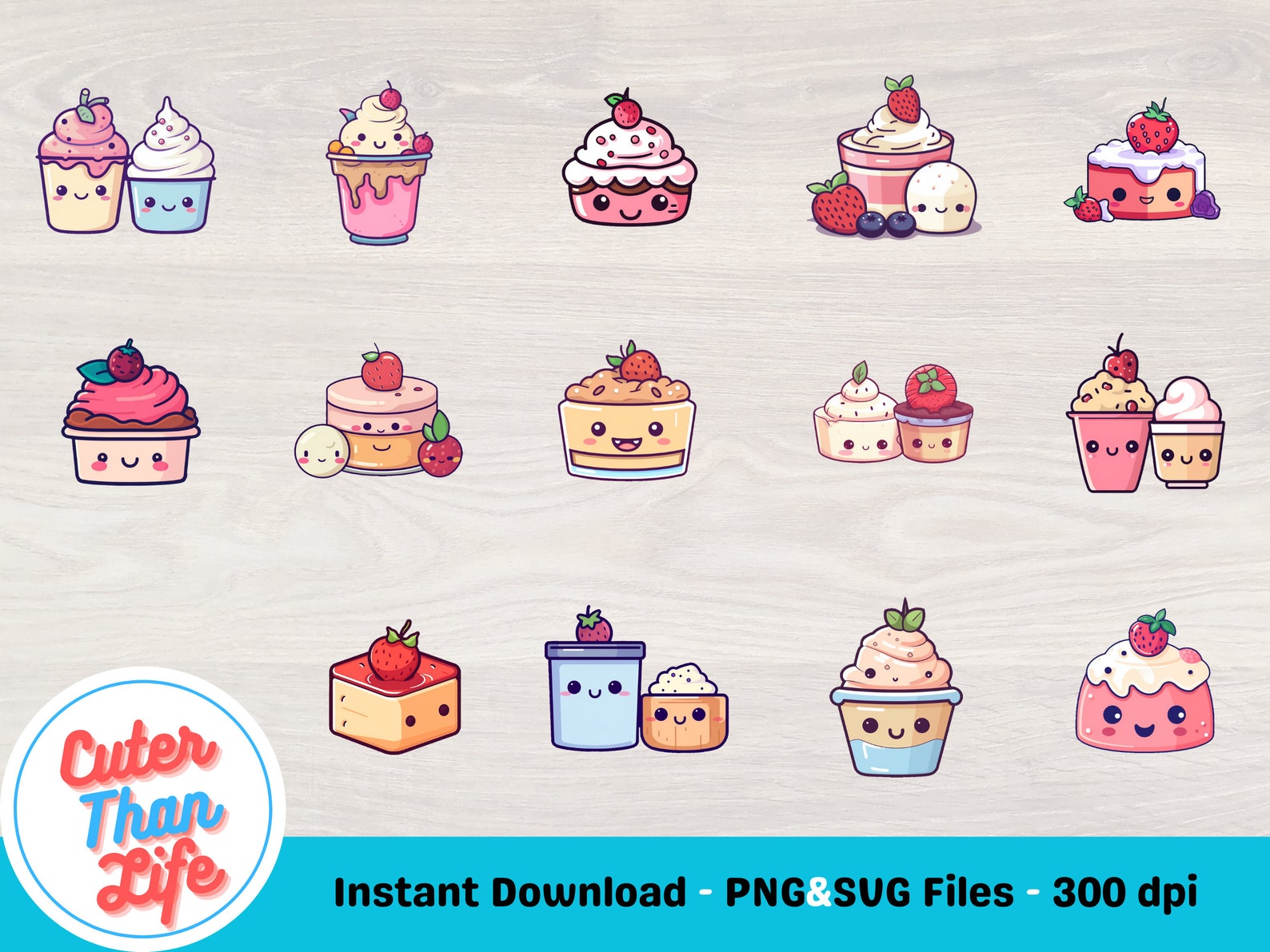 X24 Dessert Clipart, Commercial License, Kawaii Dessert Clipart, Cute ...