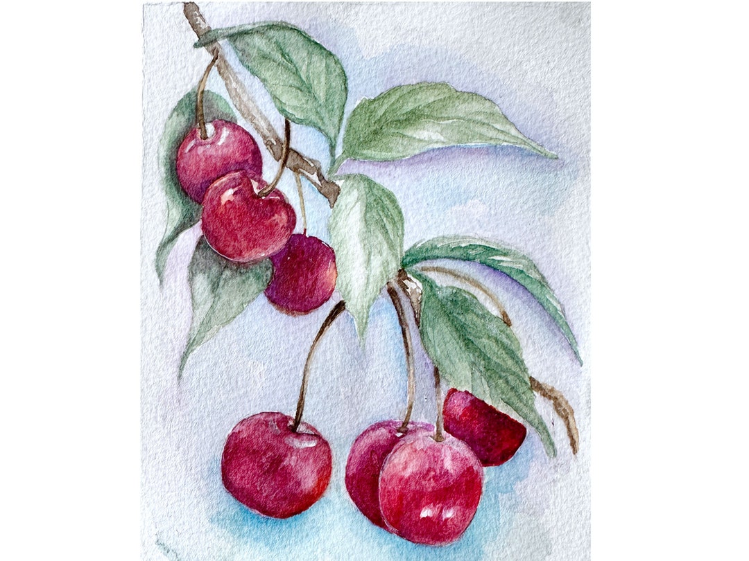 Original Watercolor Painting of a Cherry Branch, Kitchen Art, Wall ...