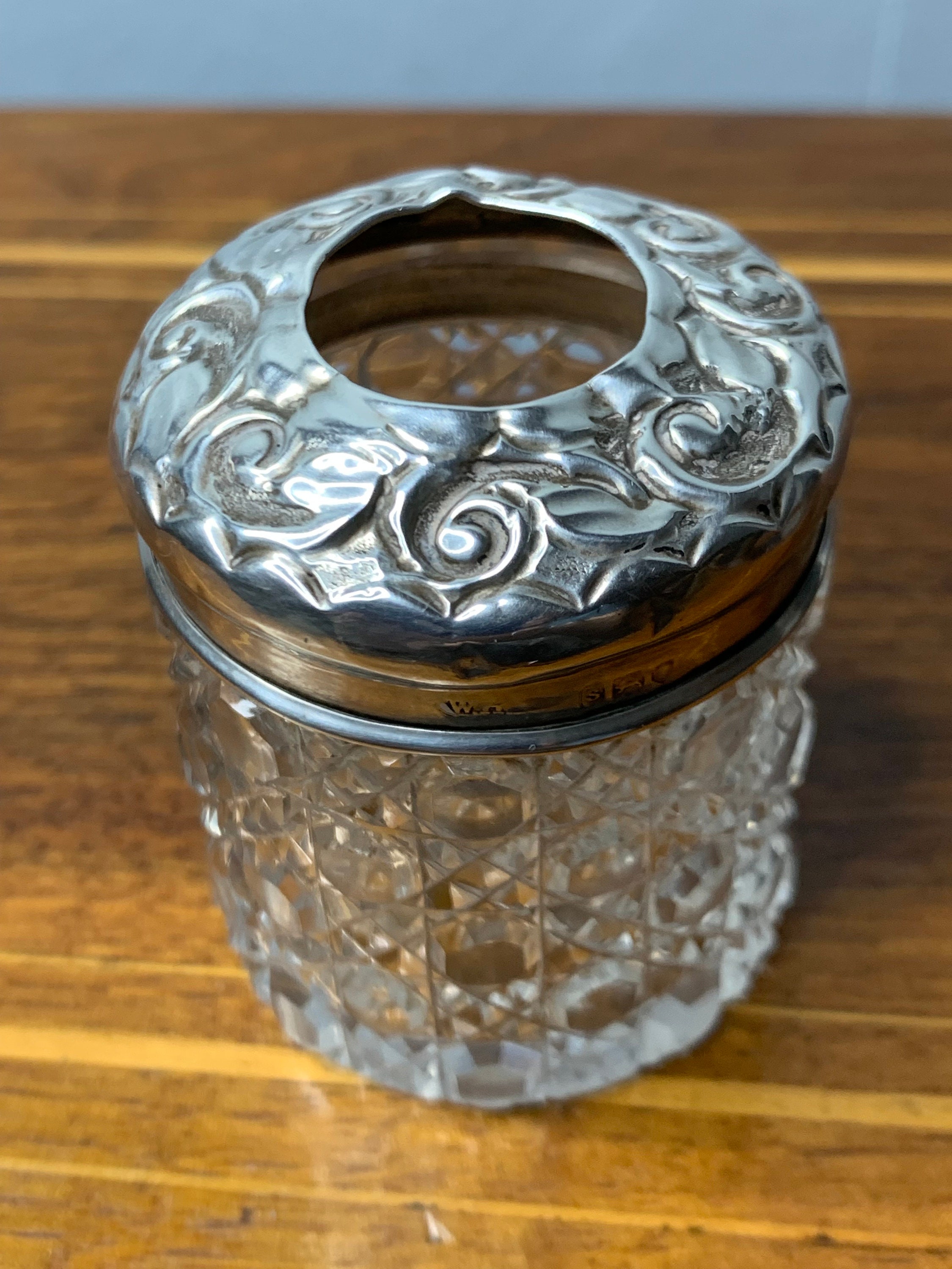 Antique Hobnail Glass Sterling Silver Lid Vanity Table Bottle Cotton ...