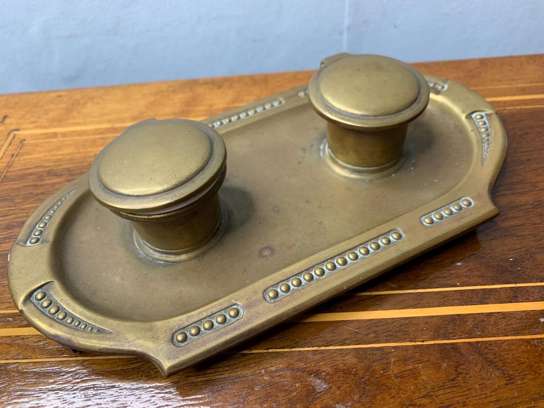 Vintage Solid Brass Inkstand Stand With Ceramic Inkwell Inserts - Etsy