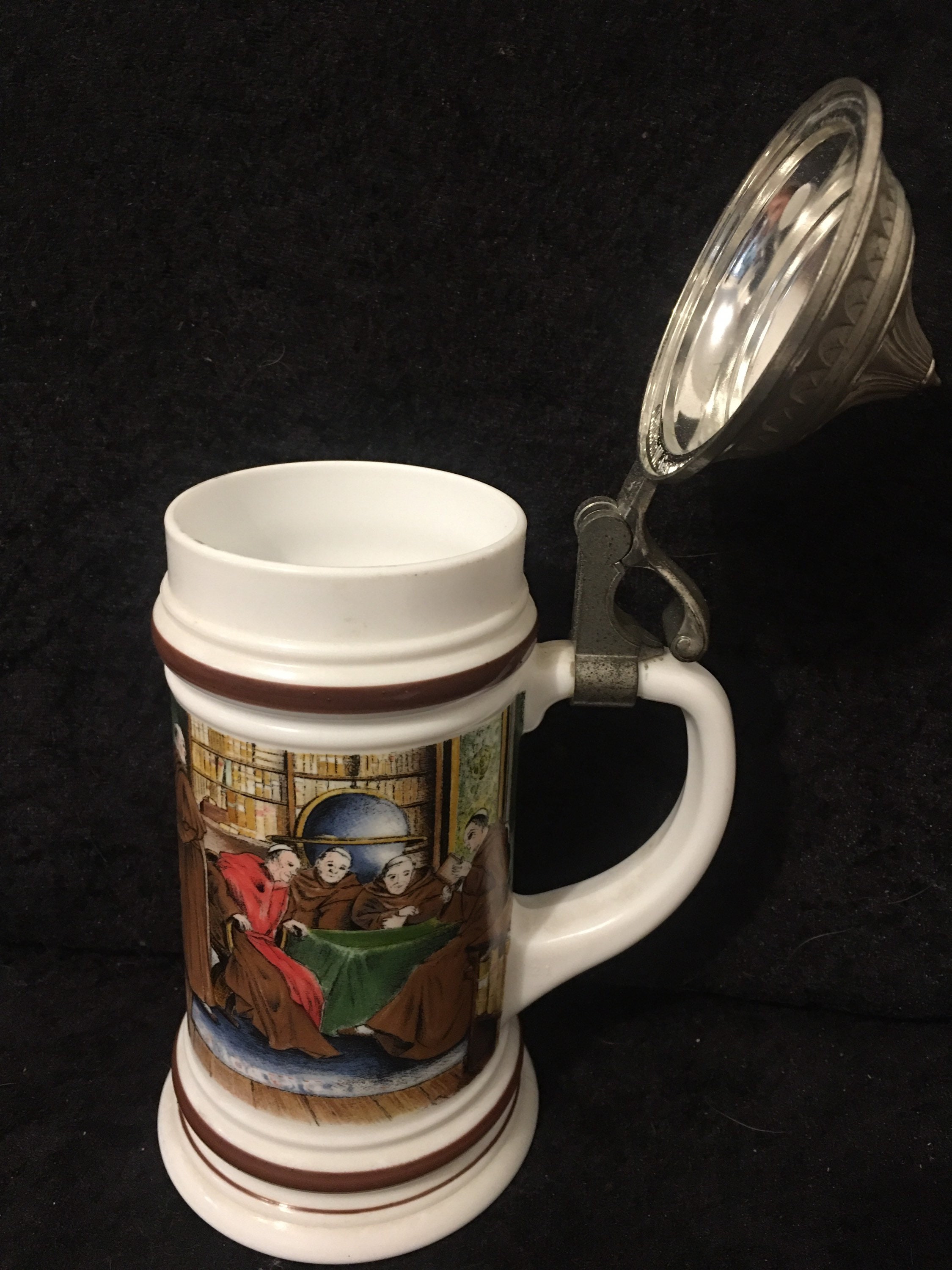 Vintage Beer Stein by BMF Pictures of Monks Pewter and Milk Glass - Etsy