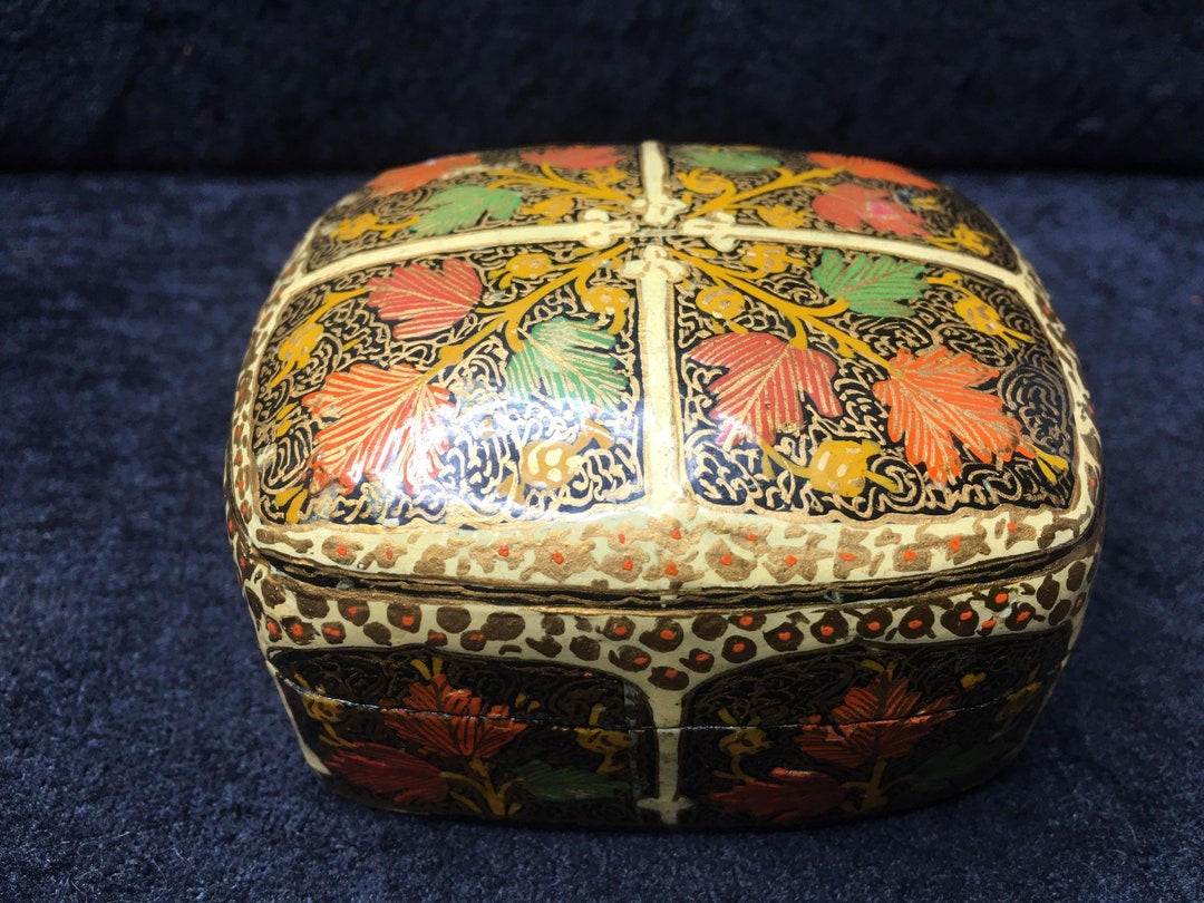 Vintage Kashmir Lacquer Jewellery Box With Hand Painted Leaves and ...