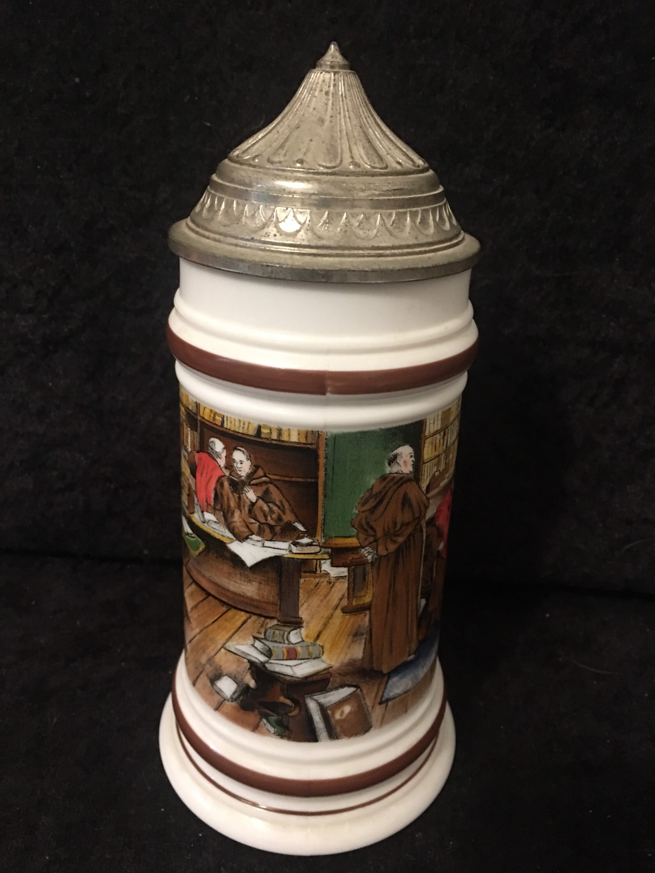 Vintage Beer Stein by BMF Pictures of Monks Pewter and Milk Glass - Etsy