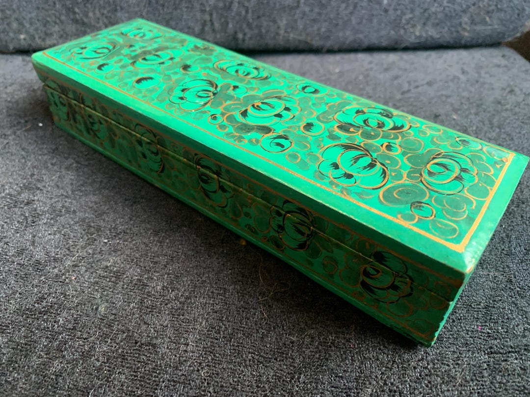 Vintage Kashmir Lacquer Jewellery Box With Hand Painted Leaves and ...