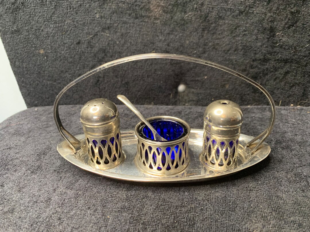 Vintage Apex Silver Plated Condiment Set With Original Blue Glass ...