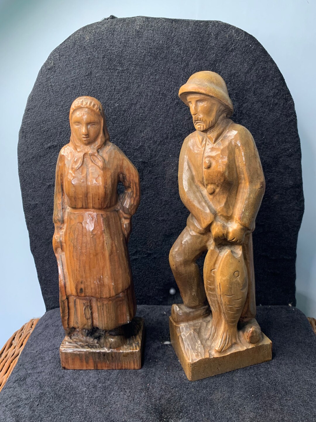 A Pair of Antique Dutch Fisherman and His Wife Hand Carved Wooden ...