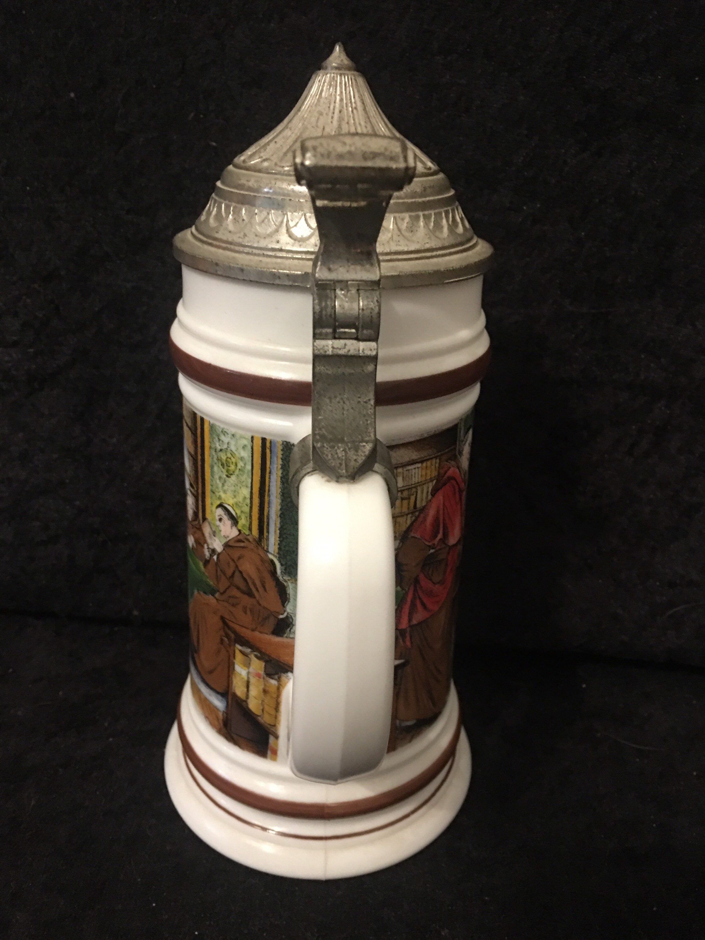 Vintage Beer Stein by BMF Pictures of Monks Pewter and Milk Glass - Etsy